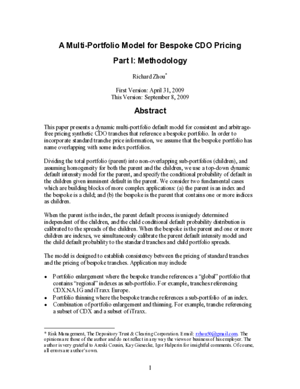 (PDF) A Multi-Portfolio Model for Bespoke CDO Pricing Part I: Methodology