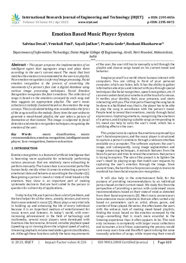 (PDF) Emotion Based Music Player System