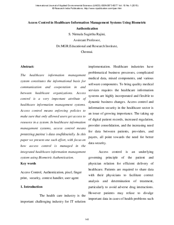 (PDF) Access Control in Healthcare Information Management Systems Using Biometric Authentication