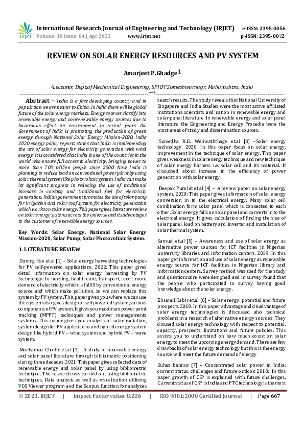 (PDF) REVIEW ON SOLAR ENERGY RESOURCES AND PV SYSTEM