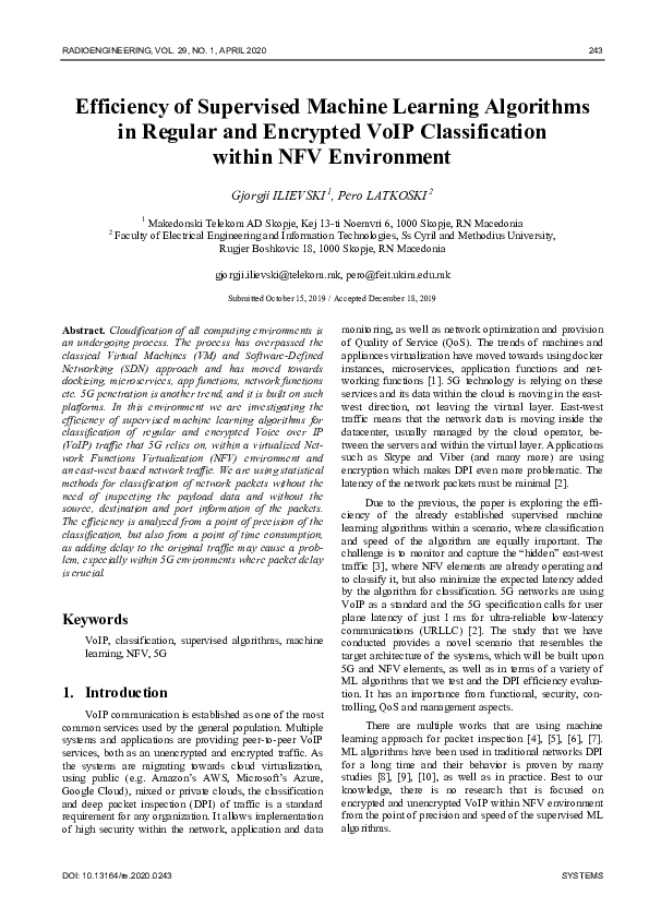 Pdf Efficiency Of Supervised Machine Learning Algorithms In Regular And Encrypted Voip 6728