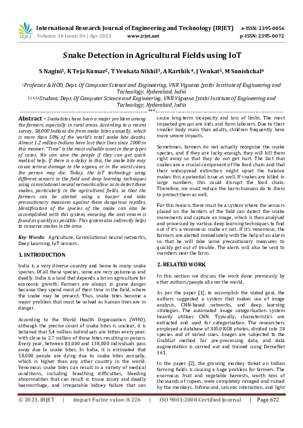 (PDF) Snake Detection in Agricultural Fields using IoT