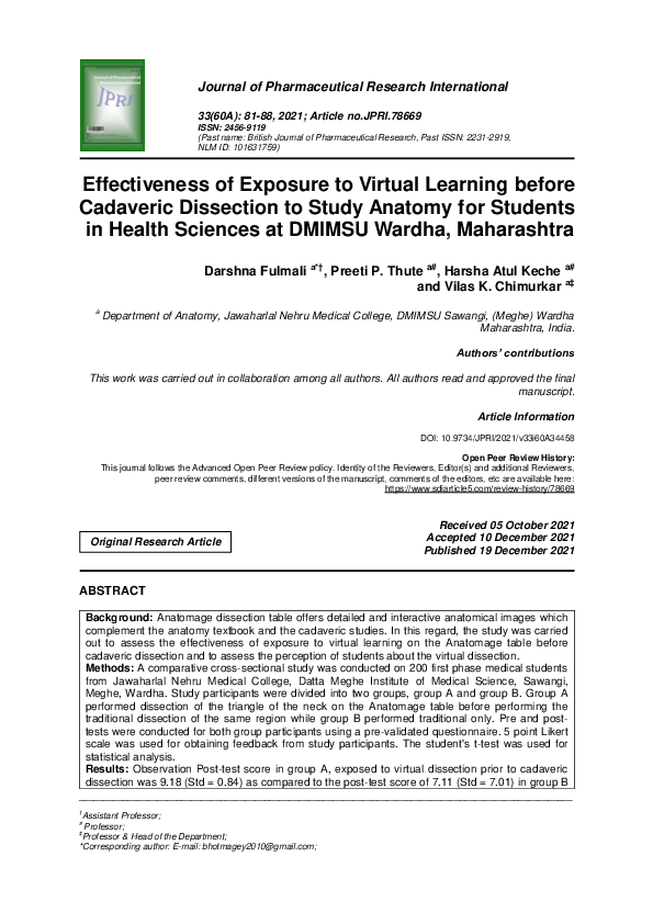 (PDF) Effectiveness of Exposure to Virtual Learning before Cadaveric Dissection to Study Anatomy ...