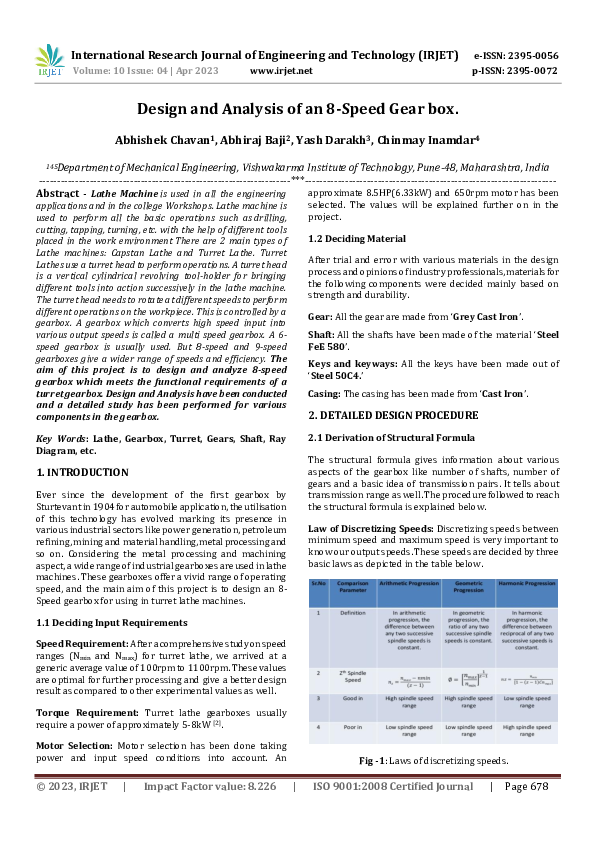 (PDF) Design and Analysis of an 8-Speed Gear box