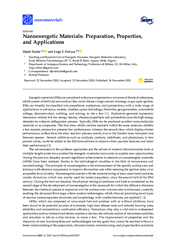 (PDF) Nanoenergetic Materials: Preparation, Properties, and Applications