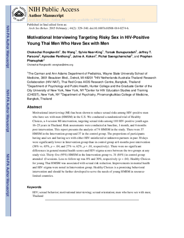 Motivational Interviewing Targeting Risky Sex In Hiv Positive Young