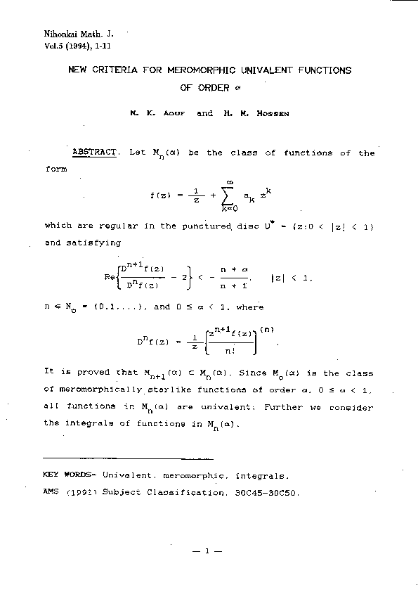 (PDF) New Criteria For Meromorphic Univalent Functions Of Order $\alpha$
