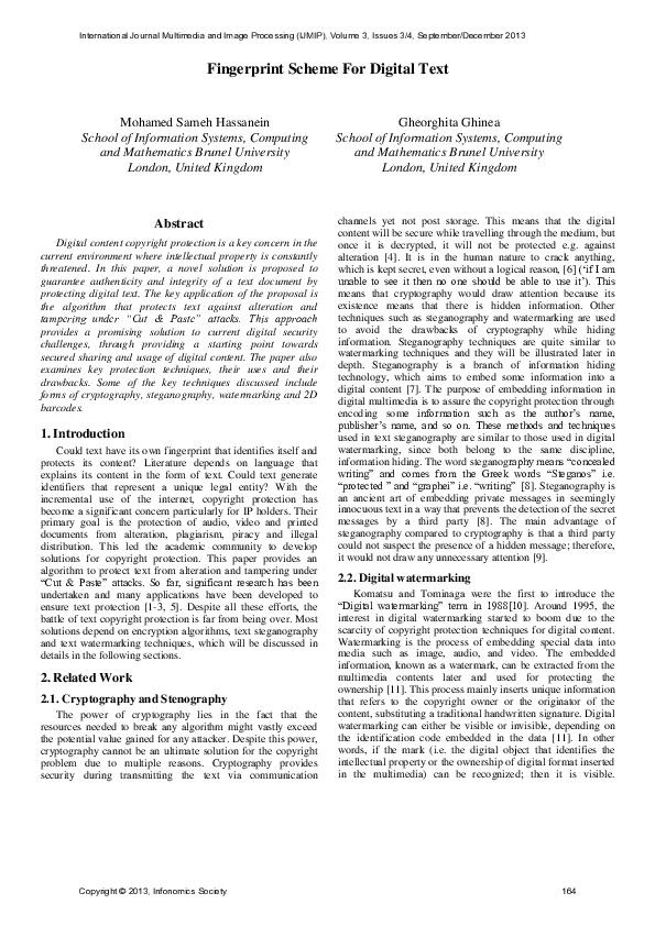 (PDF) Fingerprint Scheme For Digital Text | mohamed sameh hassanein - Academia.edu