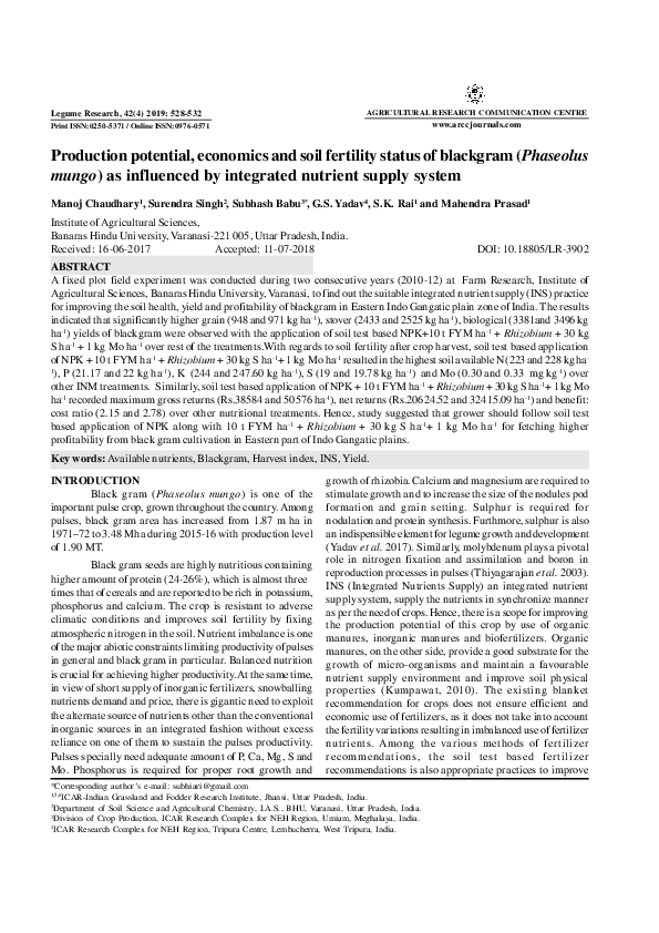 (PDF) Production potential, economics and soil fertility status of ...