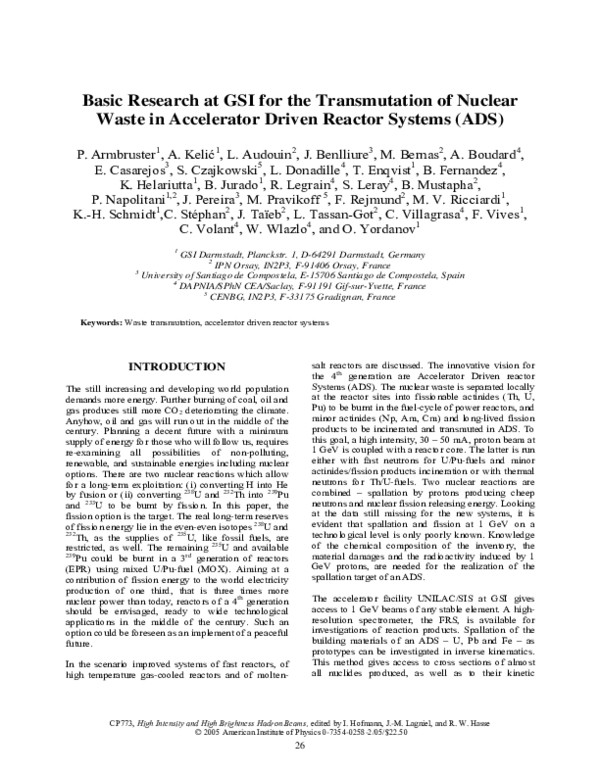 (PDF) Basic Research at GSI for the Transmutation of Nuclear Waste in Accelerator Driven Reactor ...