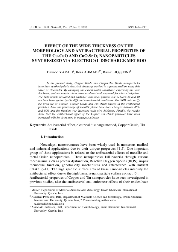 (PDF) EFFECT OF THE WIRE THICKNESS ON THE MORPHOLOGY AND ANTIBACTERIAL PROPERTIES OF THE Cu-CuO ...