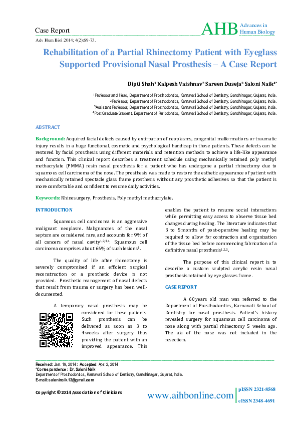 (PDF) Rehabilitation of a Partial Rhinectomy Patient with Eyeglass ...