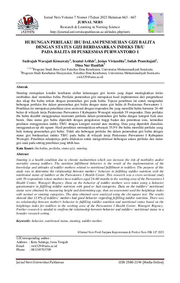 (PDF) Hubungan Perilaku Ibu dalam Penemuhan Gizi Balita dengan Status Gizi Berdasarkan Indeks TB ...