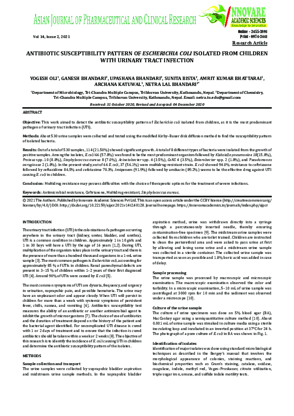 (PDF) ANTIBIOTIC SUSCEPTIBILITY PATTERN OF ESCHERICHIA COLI ISOLATED FROM CHILDREN WITH URINARY ...