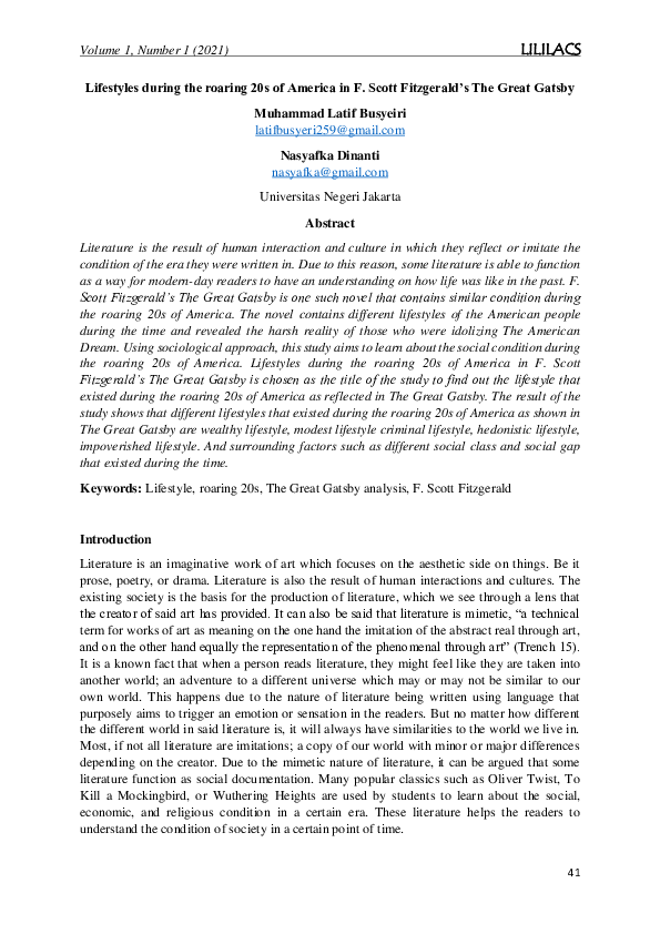 (PDF) Lifestyles during The Roaring 20s of America in F. Scott ...