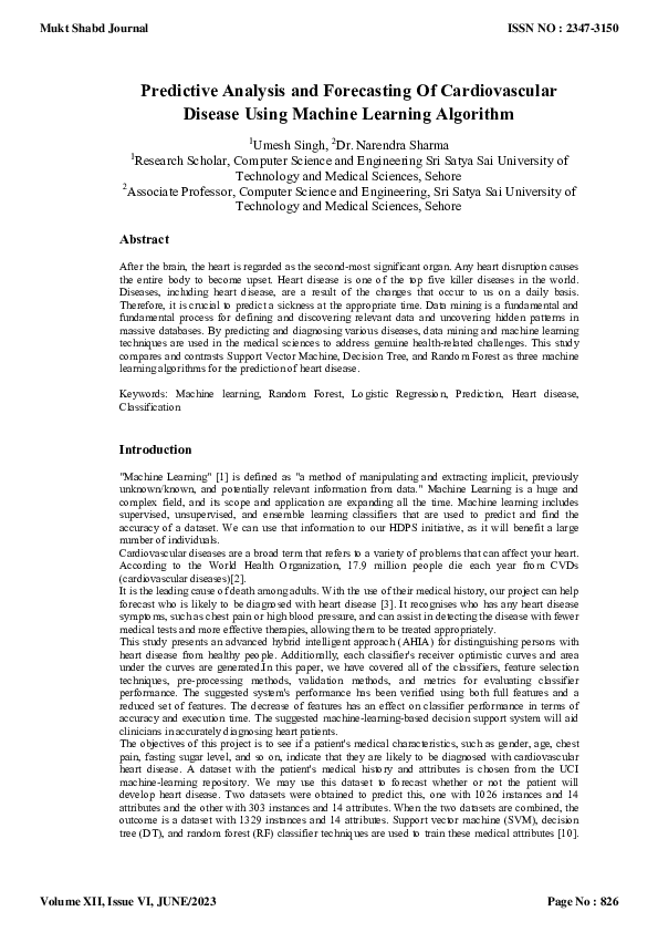 Pdf Predictive Analysis And Forecasting Of Cardiovascular Disease
