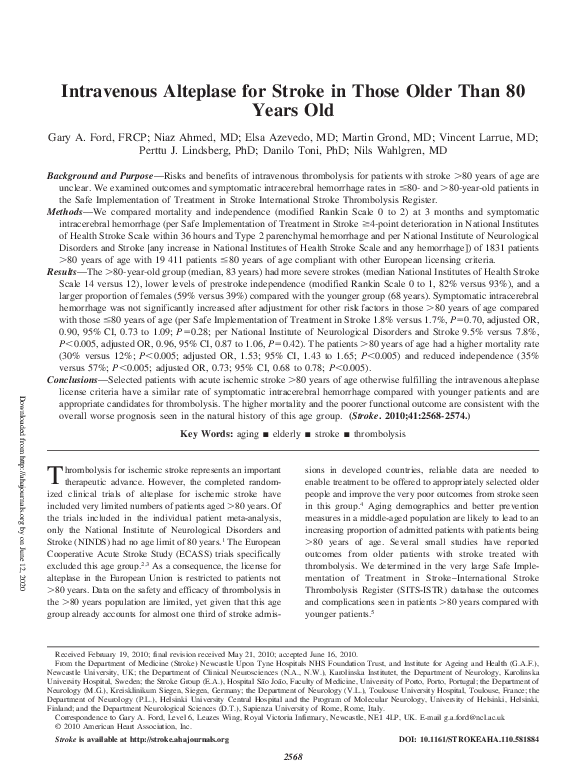 (PDF) Intravenous Alteplase for Stroke in Those Older Than 80 Years Old ...