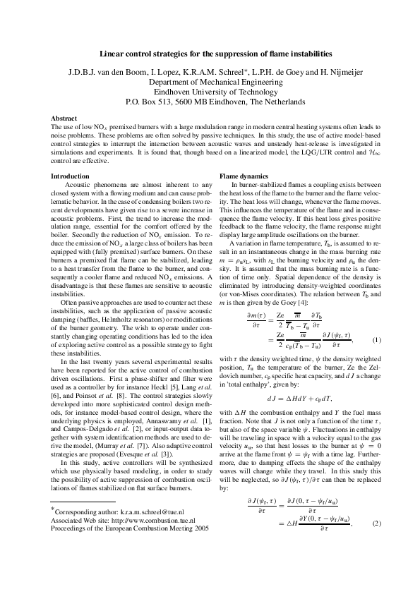 (PDF) Linear control strategies for the suppression of flame instabilities