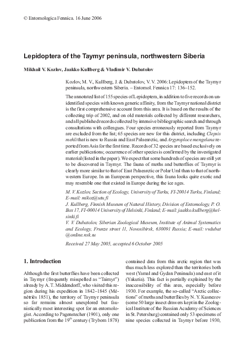 (PDF) Lepidoptera of the Taymyr peninsula, northwestern Siberia