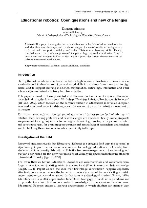 Pdf Educational Robotics Open Questions And New Challenges