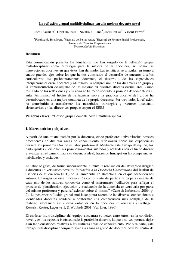 (PDF) La reflexión grupal multidisciplinar para la mejora docente novel | Vicente Ferrer ...