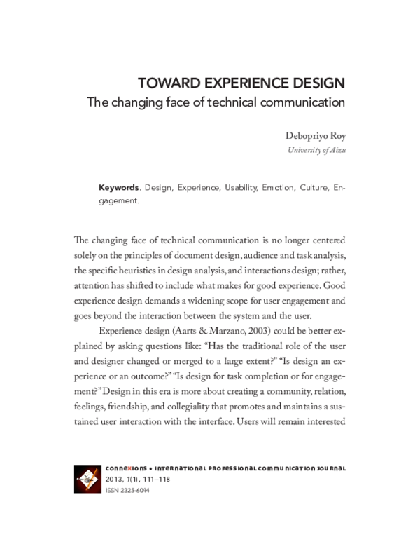 (PDF) TOWARD EXPERIENCE DESIGN The changing face of technical communication