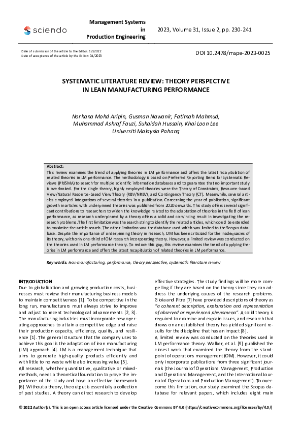 (PDF) Systematic Literature Review: Theory Perspective in Lean Manufacturing Performance