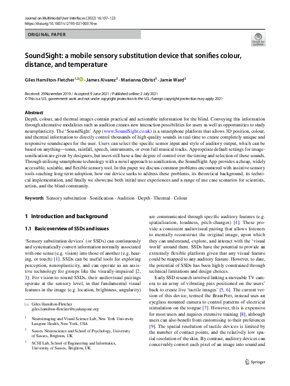 (PDF) SoundSight: A Mobile Sensory Substitution Device that Sonifies Colour, Distance, and ...