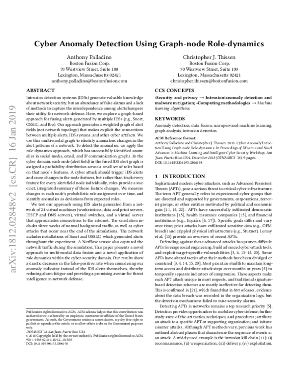 Pdf Cyber Anomaly Detection Using Graph Node Role Dynamics
