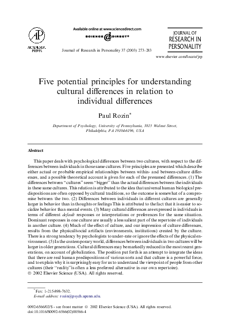 (PDF) Five potential principles for understanding cultural differences ...
