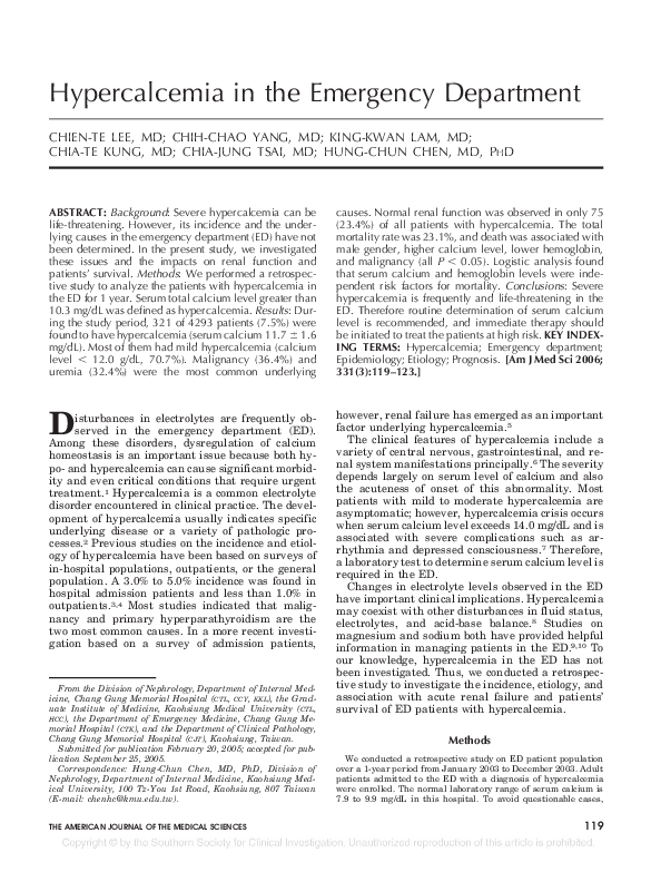 (PDF) Hypercalcemia in the Emergency Department