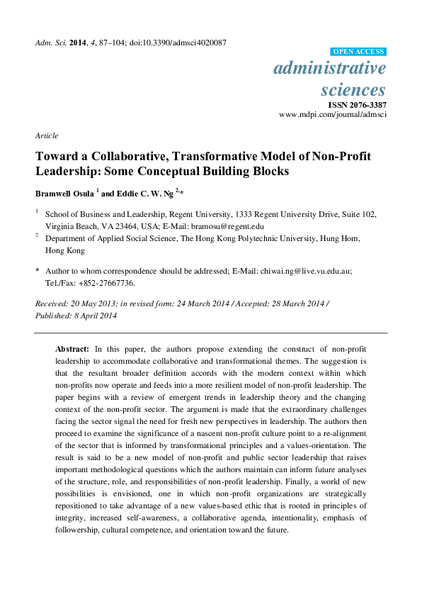 (PDF) Article Toward a Collaborative, Transformative Model of Non-Profit Leadership: Some ...