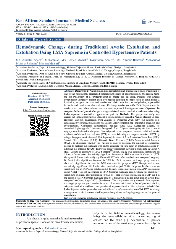 (PDF) Hemodynamic Changes during Traditional Awake Extubation and ...