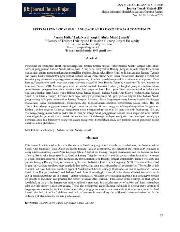 (PDF) Sasak Language Speech Levels in Rarang Tengah Village
