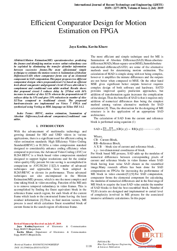 (PDF) Efficient Comparator Design for Motion Estimation on FPGA