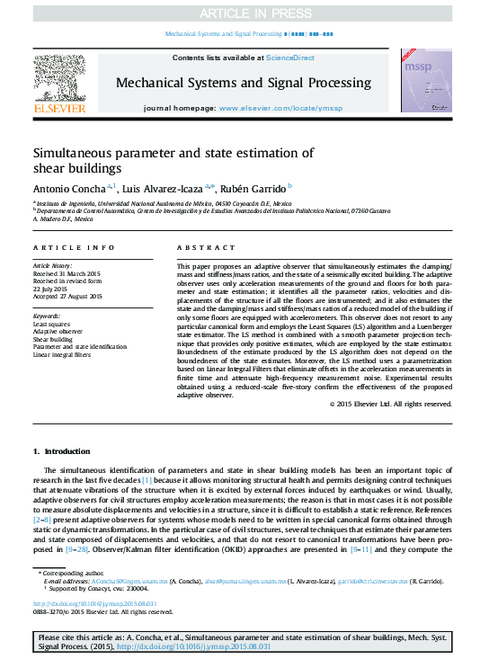 (PDF) Simultaneous parameter and state estimation of shear buildings