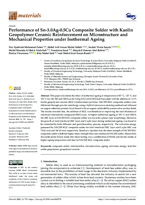(PDF) Performance of Sn-3.0Ag-0.5Cu Composite Solder with Kaolin Geopolymer Ceramic ...