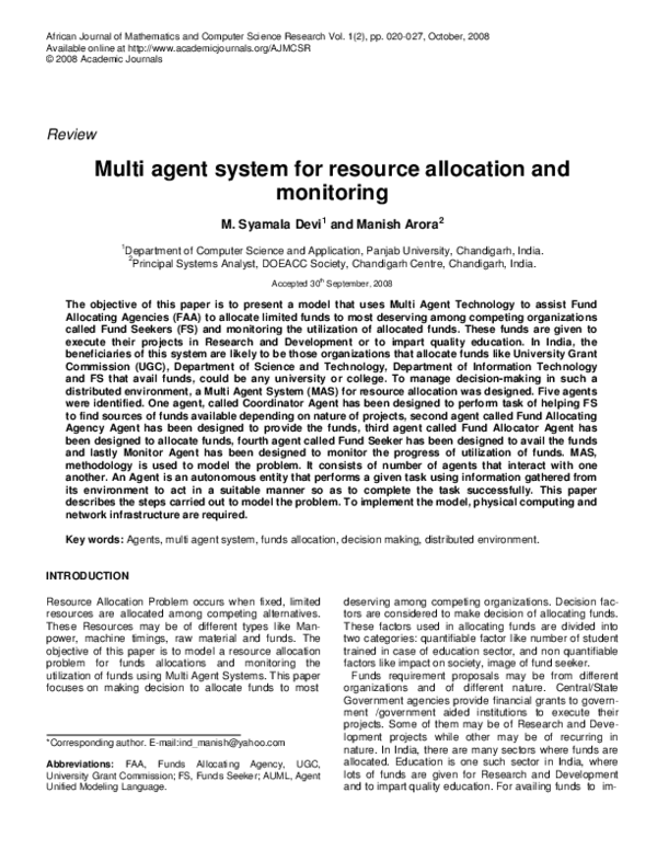 (PDF) Design of Multi Agent System for Resource Allocation and Monitoring