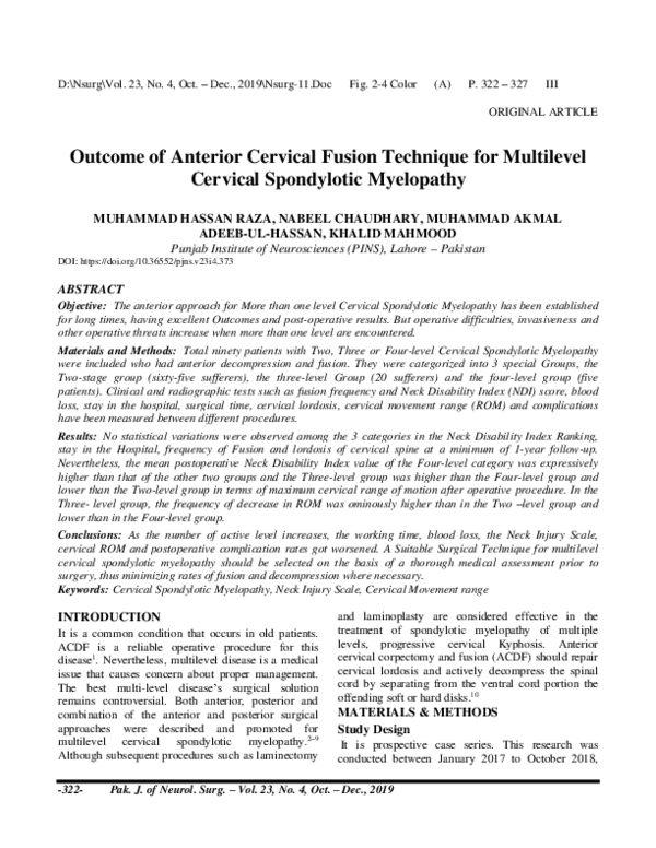 (PDF) Outcome of Anterior Cervical Fusion Technique for Multilevel ...