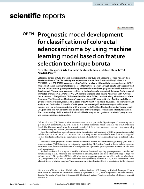 (PDF) Prognostic model development for classification of colorectal adenocarcinoma by using ...