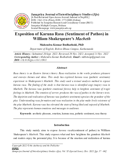 (PDF) Exposition of Karuna Rasa (Sentiment of Pathos) in William ...