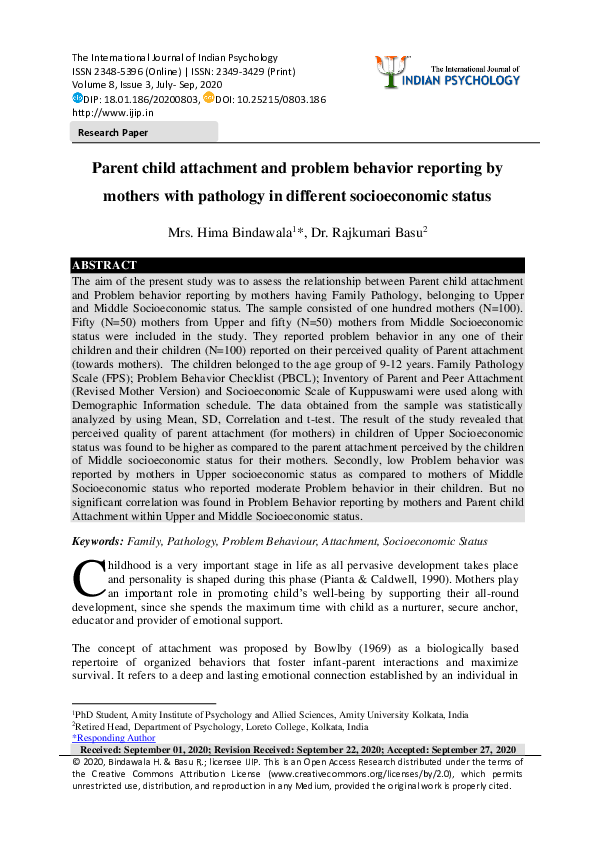(PDF) Parent child attachment and problem behavior reporting by mothers ...