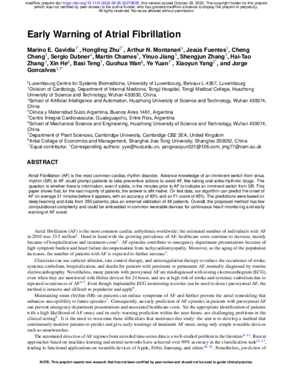 (PDF) Early Warning of Atrial Fibrillation
