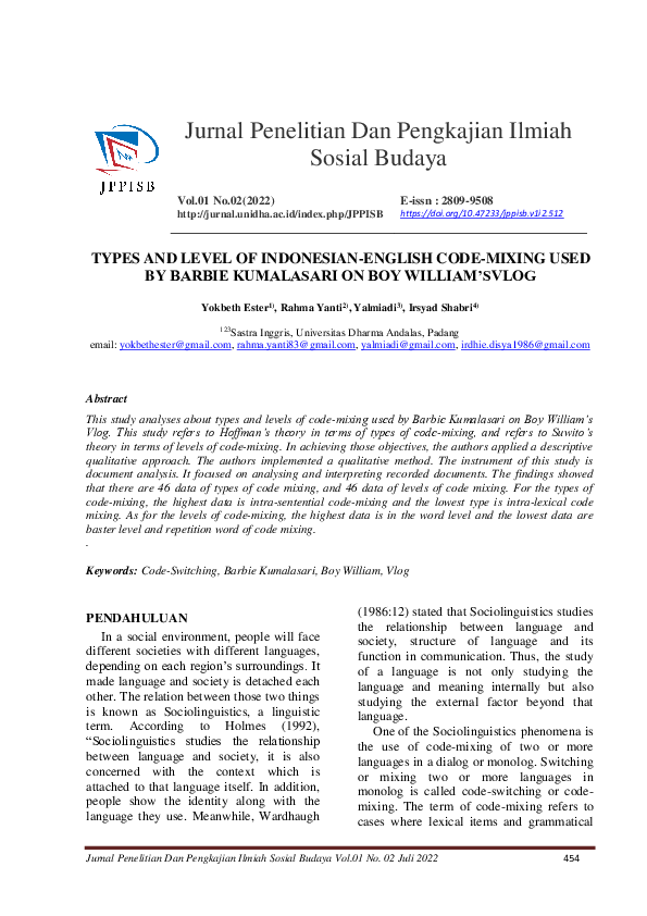 (PDF) Types And Level Of Indonesian-English Code-Mixing Used By Barbie Kumalasari On Boy William ...