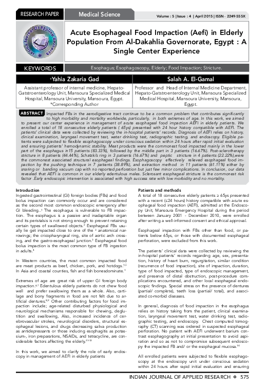 (PDF) Acute Esophageal Food Impaction (Aefi) in Elderly Population From ...