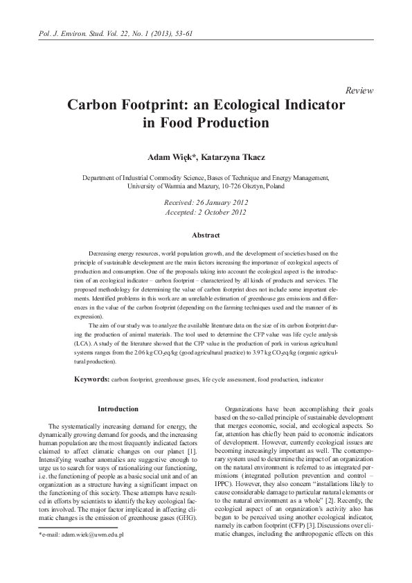 (PDF) Carbon footprint: an ecological indicator in food production