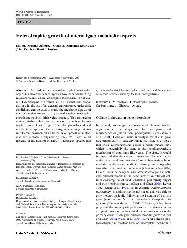(PDF) Heterotrophic growth of microalgae: metabolic aspects
