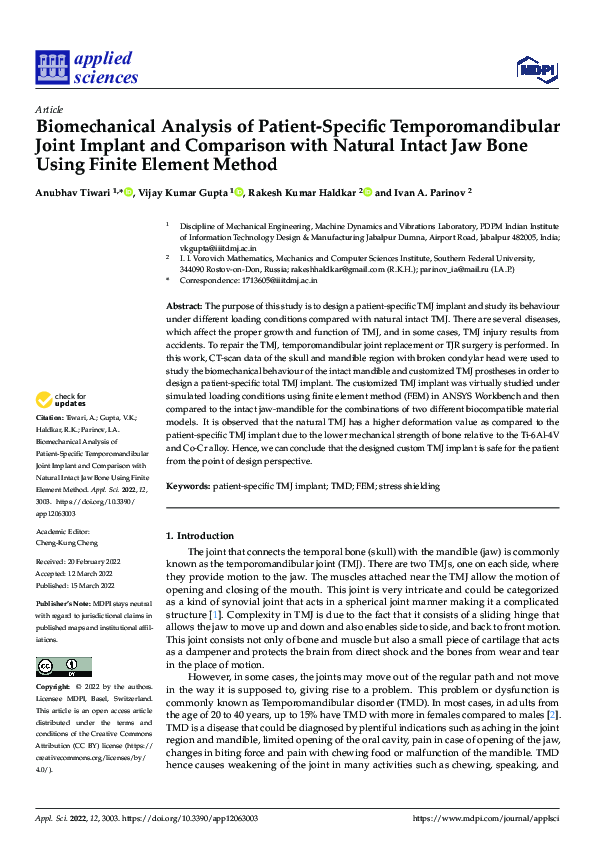(PDF) Biomechanical Analysis of Patient-Specific Temporomandibular Joint Implant and Comparison ...