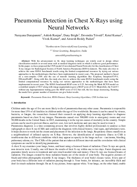 (PDF) Pneumonia Detection in Chest X-Rays using Neural Networks
