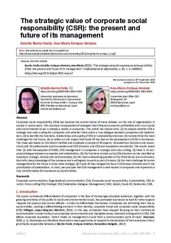 (PDF) The strategic value of corporate social responsibility CSR: the present and future of its ...